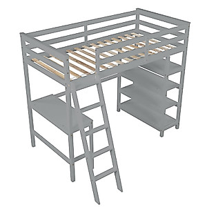 Bellemave Twin Loft Bed with Desk & Shelves for Teens Adults, Wood High Loft Bed Frame with Bookcase & Angle Ladder for Kids Boys Girls, Full-Length Guardrail, Twin Size, Gray