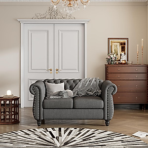Bellemave Chesterfield Sofa Loveseat Mini Tufted Couch for Living Room Luxury Dutch Velvet Upholstered Small Sofa with Solid Wood Legs and Button Tufted Backrest for Apartment Office, 60" Grey