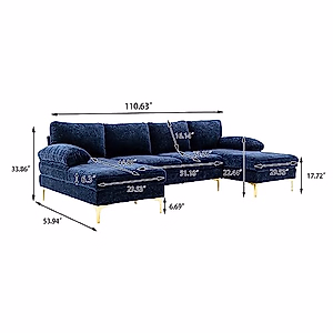 Zaboro 110" U-Shaped Sectional Sofa, 4-Seater Modular Sofa Couch with Double Chaises, Velvet Accent Sofa with Golden Metal Legs & Armrest Pillows, for Living Room, Apartment and Office,Navy Blue