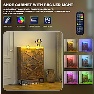 HAIOOU 2 Drawer Industrial Shoe Cabinet, Slim Freestanding Wood Shoe Rack Storage Organizer Stand with Flip Doors, Open Storage Shelf, Anti Toppling for 15-18 Pairs Rustic Brown