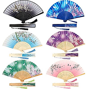 Barydat 6 Pieces Folding Fans Chinese Style Bamboo Handheld Fans Vintage Silk Fabric Holding Fan Foldable for Wedding Dancing Cosplay Party Wall Decoration