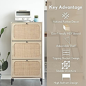 Pvillez Natural Rattan Shoe Cabinet, Modern Free Standing Shoe Racks Storage Cabinet with 3 Flip Drawers and Storage Shelves, Narrow Shoe Rack Cabinet for Entryway, Hallway, Bedroom, Natural