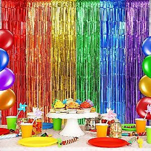 4Pack 3.3X6.6Ft Rainbow Foil Fringe Curtains Backdrop Decorations, Rainbow Metallic Tinsel Foil Streamers Curtain Photo Booth Background for Birthday Wedding Engagement Bridal Shower Party Decorations