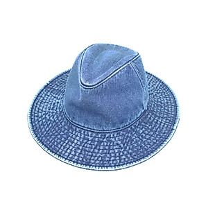 WITHMOONS Denim Fedora Hat Plain Stitch Washed Short Wide Brim Panama Hat KR61009 (SkyBlue)