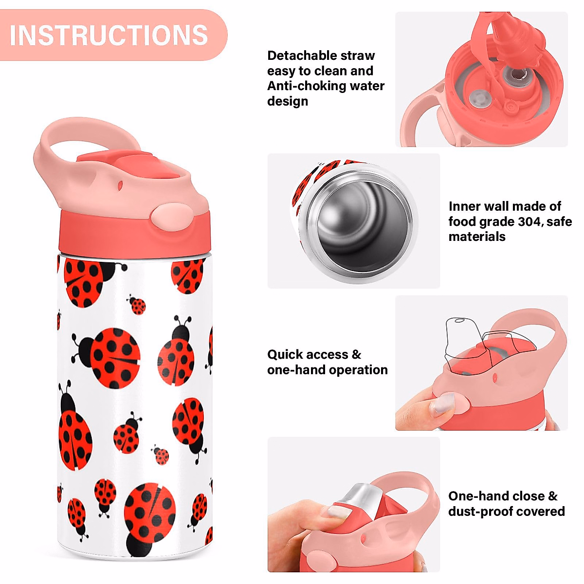 Kigai Ladybug Kids Water Bottle,Insulated Stainless Steel Reusable Metal Thermos Bottles, Leak-Proof Straw Lid, BPA-Free, For Boys,Girls