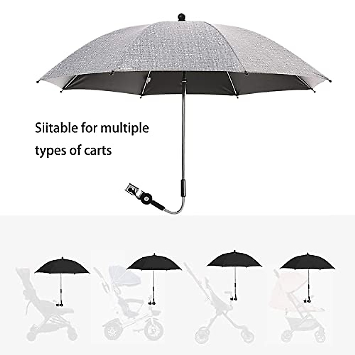 Baby Stroller Parasol, Universal Umbrella with Clamp, 360 Degree Adjustable UV Protection Stroller Sun Shade, Waterproof Umbrella for Trolley, Bike, Wheelchair, Beach Chair