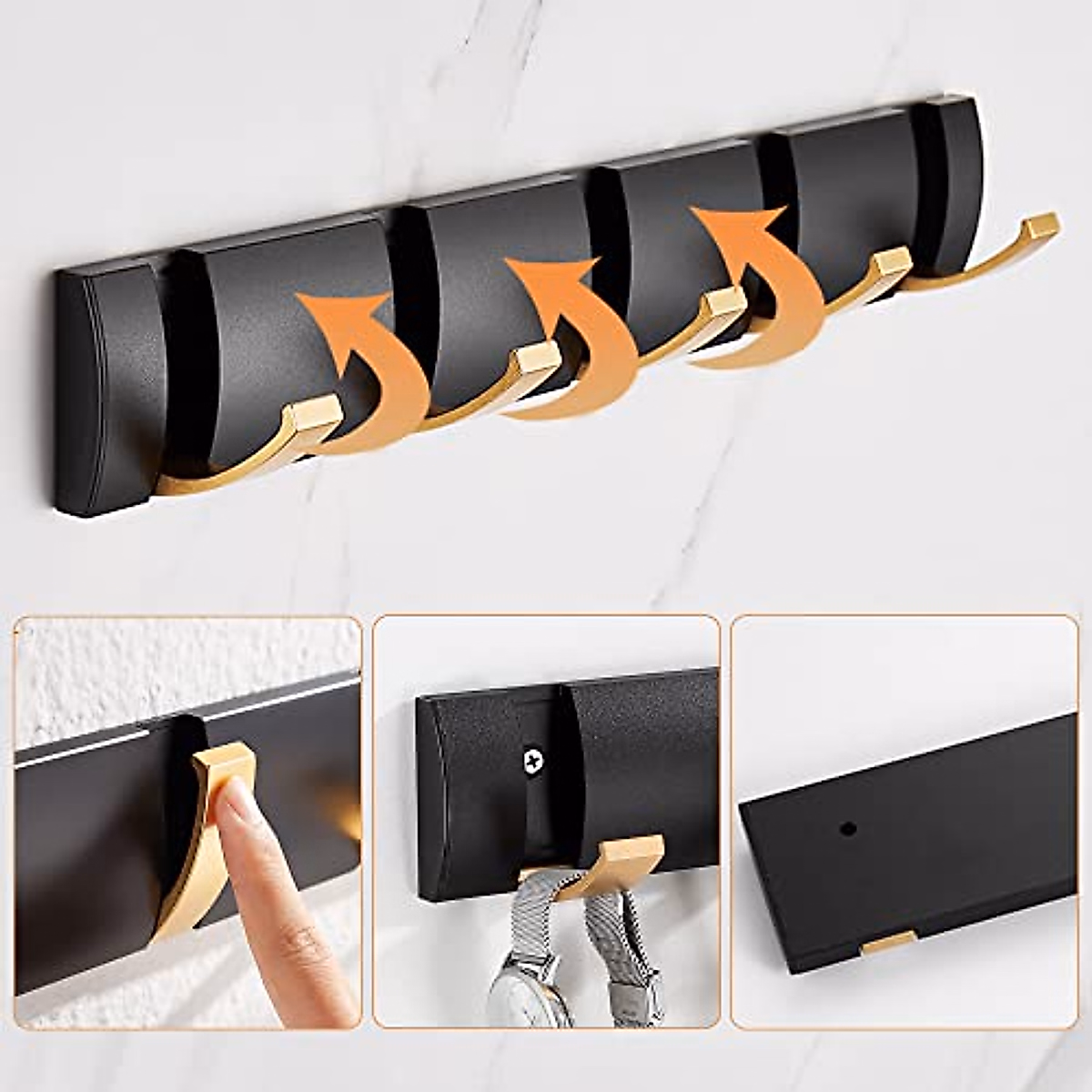 DMYMAT Coat Rack Wall Mounted with 5 Folding Hooks, 15.8 Inch Space Saving Wall Coat Hook, Black Gold Towel Hooks for Bathroom, Bedroom, Entryway, Hats, Scarves, Umbrella and Keys