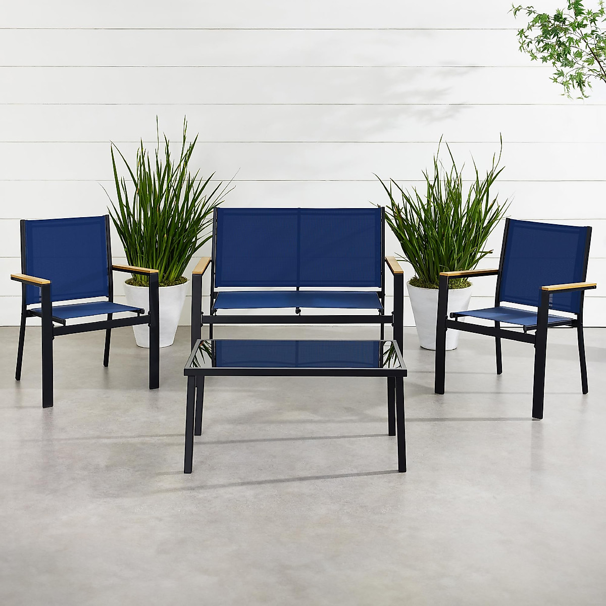 Best Choice Products 4-Piece Outdoor Textilene Patio Conversation Set, Backyard Furniture w/Loveseat, Coffee Table, Steel Frame - Black/Navy