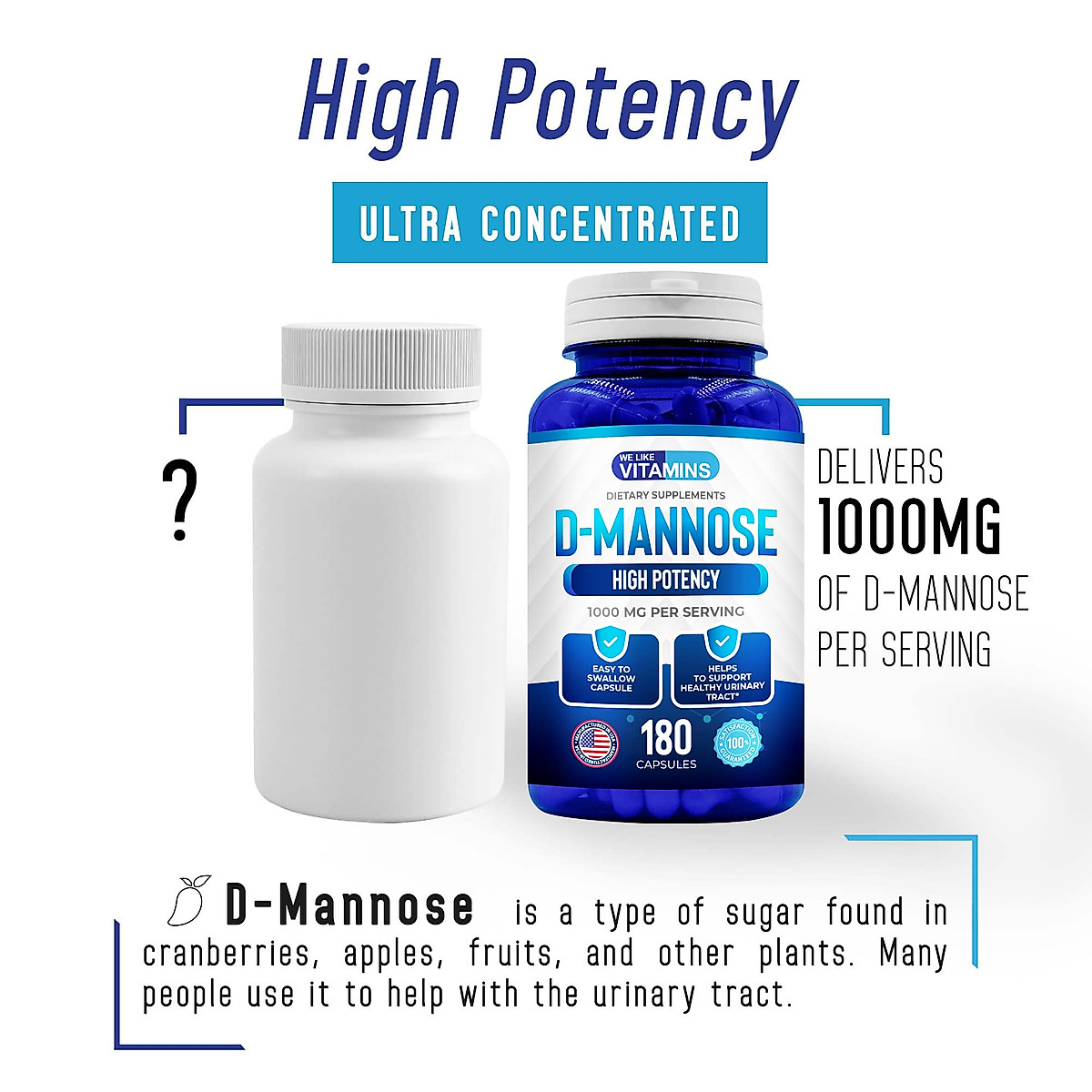 We Like Vitamins D-Mannose Capsules 1000mg per Serving - 180 Easy to Swallow Veggie Capsules - Cranberry D Mannose Supplement Helps Support Bladder and Urinary Tract Health
