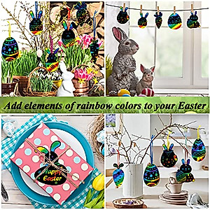GOMANCHE 48 Pcs Easter Scratch Crafts for Kids, Rabbit Bunny Carrot Easter Egg Rainbow Scratch Paper Ornaments with Wooden Stick and Ribbon for Easter Party Favors