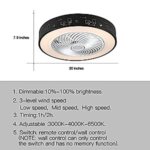 JUTIFAN Modern Enclosed Ceiling Fan with Lights Remote Control, Dimmable 3 Color Adjustable Low Profile Ceiling Fan, 1H/2H Timing, Black Ceiling Fans 72W Bladeless Ceiling Fan with Light for Kitchen