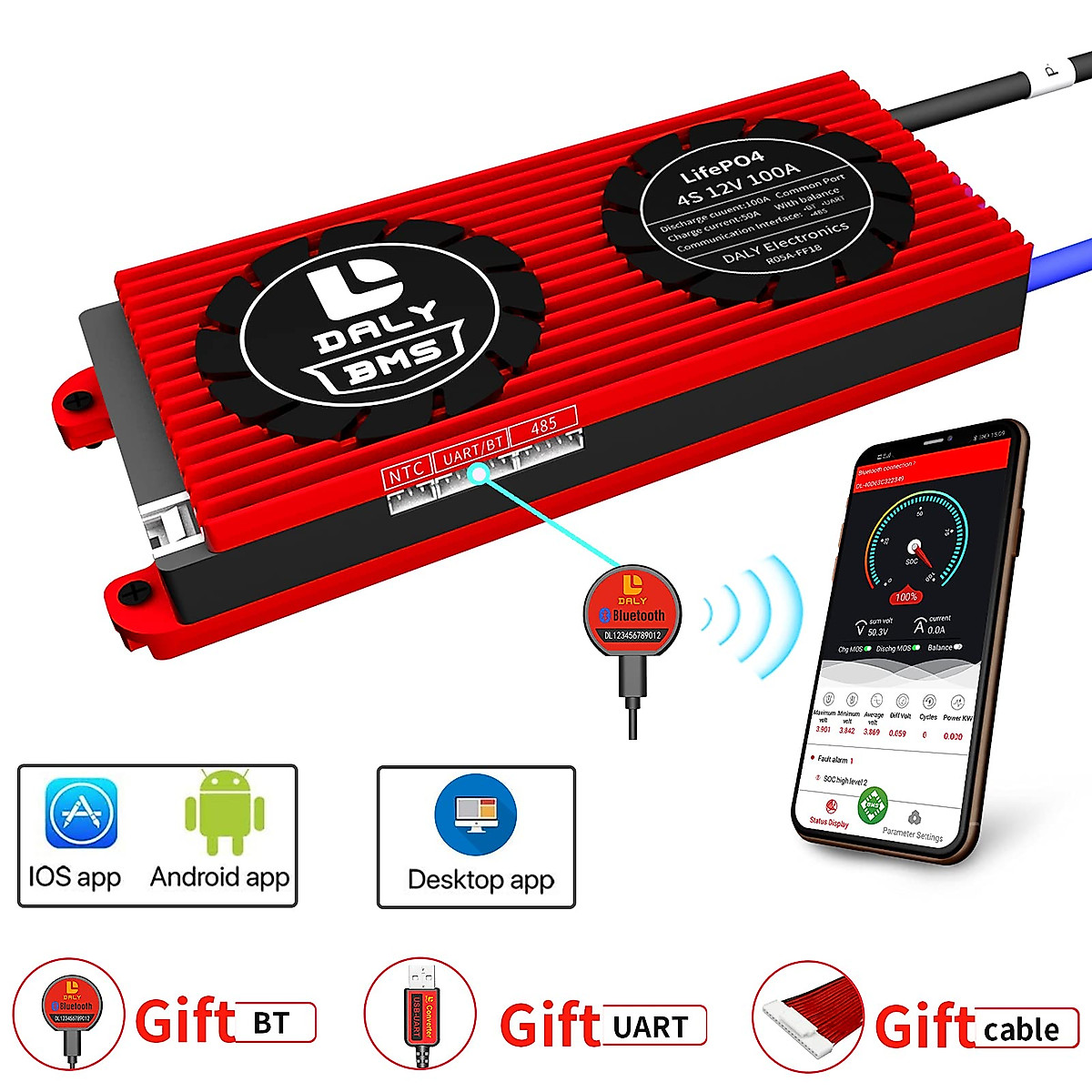 DALY Smart BMS LiFePo4 4S 12V 100A with Bluetooth Module and Common Port