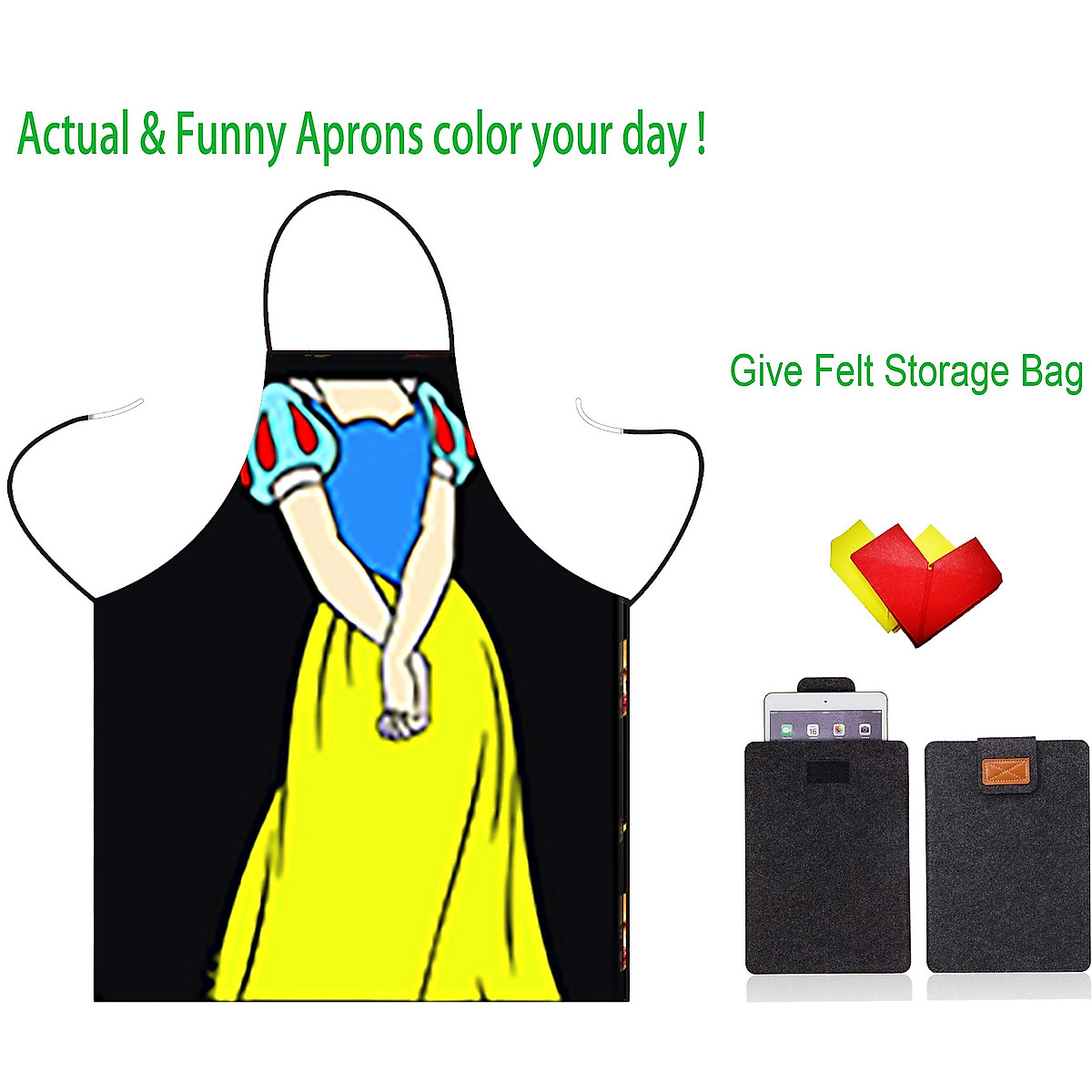 sloHEXtted Princess Character Snow White Apron-Black Cartoon Cute Apron for Girl Women Lady Kitchen Chef Cooking BBQ Bib Apron Gift Party Cosplay Costume,Disney Princess