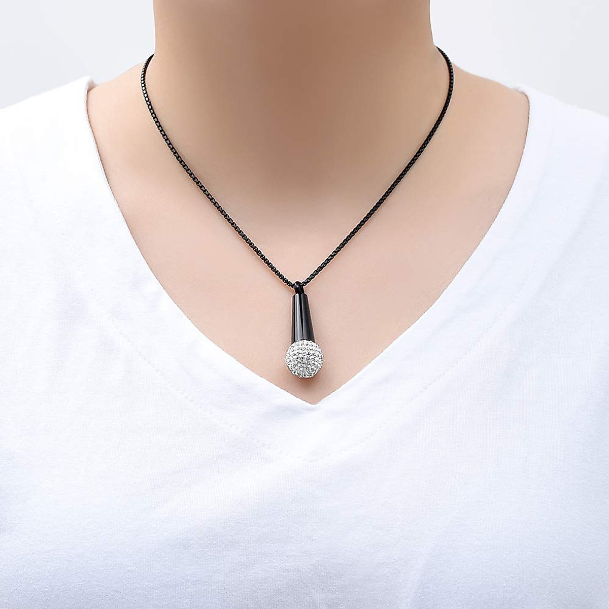 zeqingjw Microphone Cremation Jewelry for Ashes Urn Pendant Necklace with Crystal Stainless Steel Keepsake Memorial Ash Jewelry (Black)