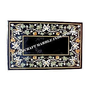 Pietra Dura Natural Black Marble 48" x 30" Inch Grapes Pattern Rectangle Dining Table Top, Black Marble Meeting Room Table Top, Piece of Conversation, Family Heirloom