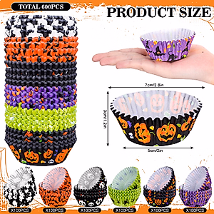 Whaline 600Pcs Halloween Cupcake Liners Pumpkin Witch Legs Bats Ghosts Spiders Skulls Cupcake Wrappers Baking Cups Holders Muffin Baking Liners for Halloween Party Supply