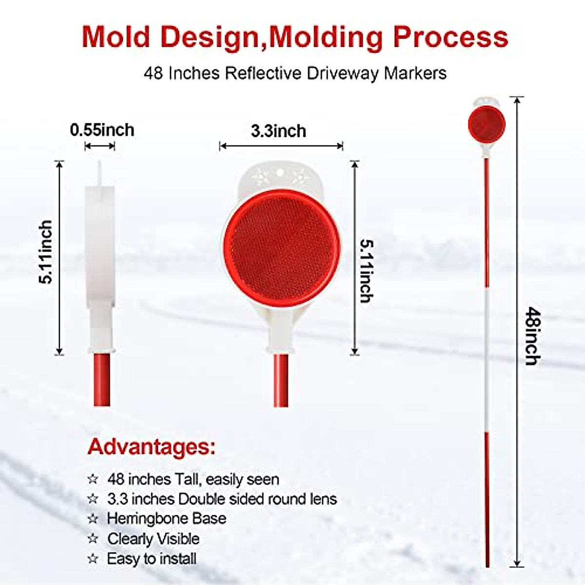 JAOTREL Driveway Reflectors Markers for Snow Plowing, 36-48" Reflective Driveway Steel Metal Reflective Post, Double-Sided High Visible Rustproof Design(4 pack)