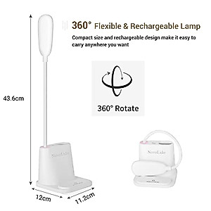 LED Desk Lamp, NovoLido Rechargeable Desk Lamp with USB Charging Port/Pen Holder/Phone Holder, Small Study Cute Lamp for Kids/Home/Office/Dorm, Flexible Portable Bedside Table Lamp for Reading (White)