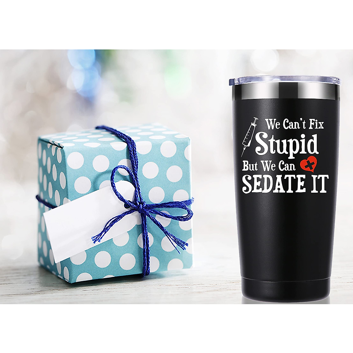 momocici We Can't Fix Stupid But We Can Sedate It 20 OZ Tumbler.Funny Nurse Week,Nurse,Doctor,Gifts.Birthday,Christmas,Medical Nursing Graduation Gifts for Nurse Doctor Travel Mug(Black)