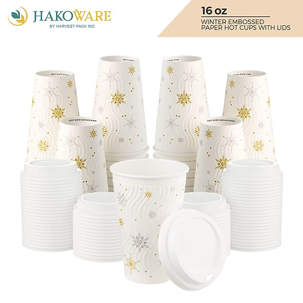[100 SET]Harvest Pack 12 oz Christmas Coffee Cups, White Snowflake Winter Disposable Paper Cups, Insulated Ripple Wall Paper Cups with Lids, XMAS Gold and Silver Foil, Hot Chocolate To go