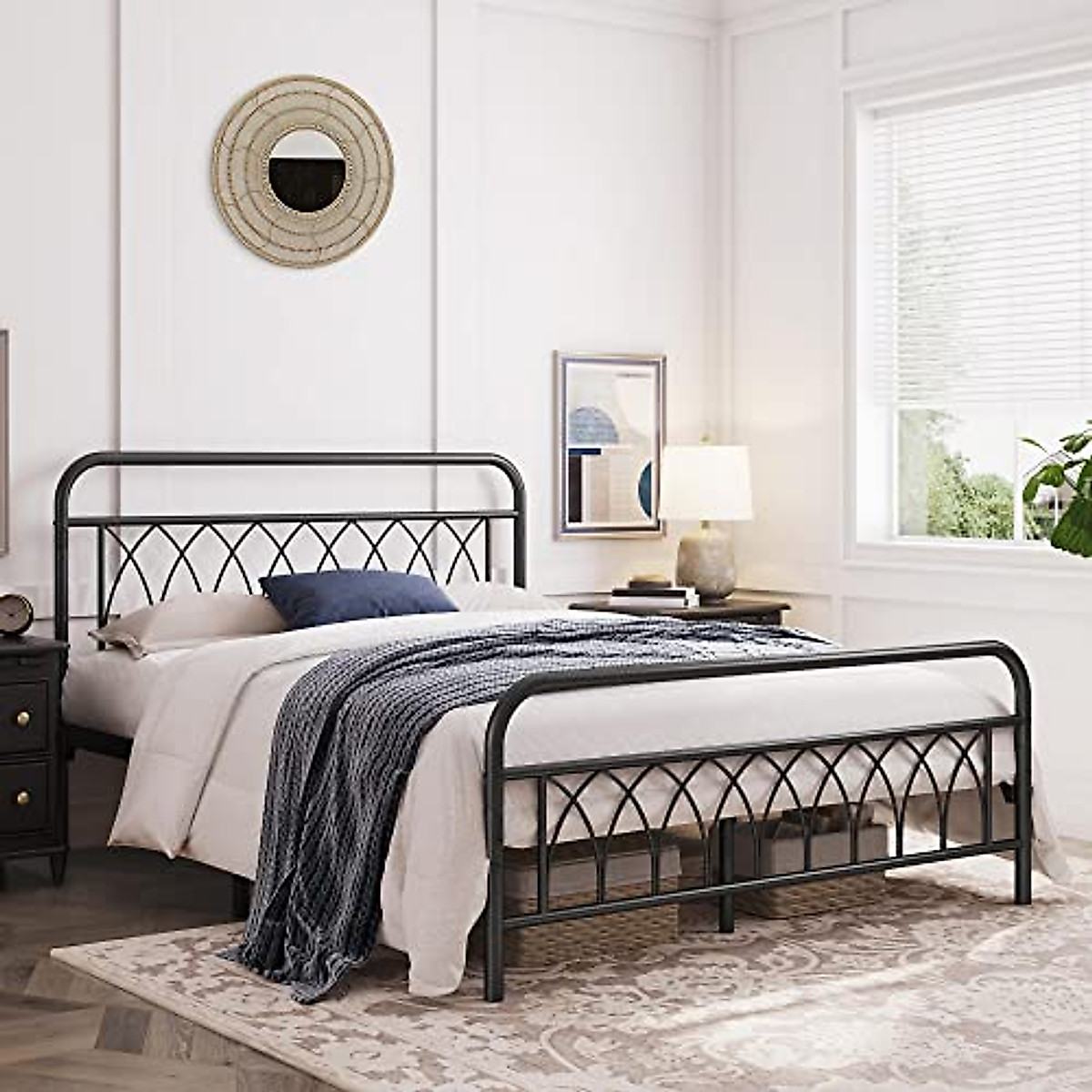 Yaheetech Queen Bed Frame Metal Platform Bed with Petal Accented Headboard/Footboard/14.4 Inch Under Bed Storage/No Box Spring Needed,Black