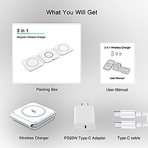 ZEROGOGO 3 in 1 Wireless Charger Station for Apple Multiple Devices, Magnetic Foldable Charging Pad, Compatible with iPhone 14/Pro/Max/Plus/13/12, iWatch, AirPods 3/2/Pro (PD20W Adapter Inclduded)