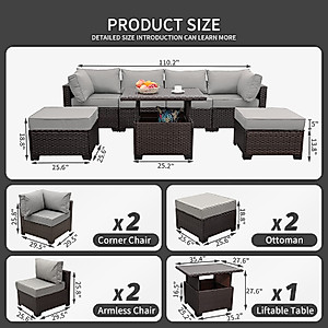 Outdoor Patio Dark Brown Rattan 7 Piece Sectional Set PE Wicker Conversation Sofa with Liftable Storage Table, Non-Slip 5" Thick Grey Cushion and Furniture Cover
