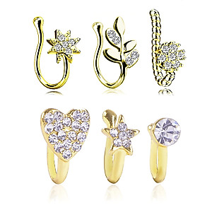 6Pcs Fake Nose Rings, Non-Piercing Clip-On Nose Rings, Glittering Crystal Inlaid Nose Ring, Lovely Heart Shape Star Flower Leaf Charms Stainless Steel Adjustable Body Jewelry Women Girls-gold