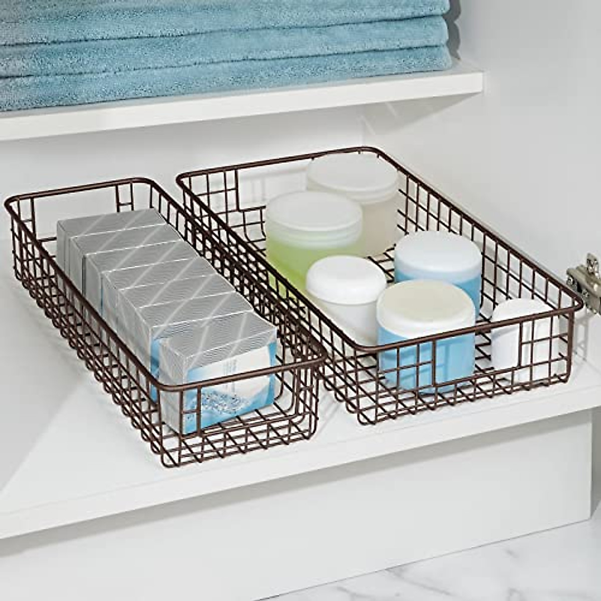 mDesign Metal Wire Bathroom Storage Shallow Bin Basket - Holder Tray for Organizing Cabinets, Shelves, Closets, Countertops - Concerto Collection - Bronze