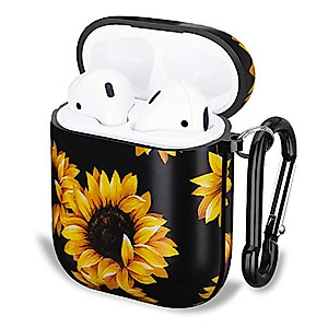 Qokey Compatible with Airpods Case,Flower Floral Pattern Cute Case for Women Girls Soft Silicone Wireless Charging Case Chrome Keychain Portable & Shockproof Accessories Kit for AirPods 1/2 Sunflowers
