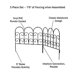 Garden Edging Border- Flower Bed Fencing for Landscaping- Iris Fence, 5 Piece Set of Black Interlocking Outdoor Lawn Stakes by Pure Garden (8Â’)