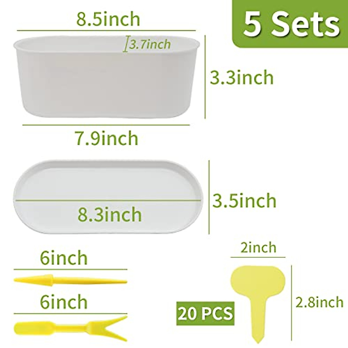 Torfican 5 Set Window Herb Planter Box Rectangular,8.5x3.5 Inch White Plastic Planters with Multiple Drainage Holes and Trays,Indoor Succulent Cactus Mint Flower Pot for Windowsill,Garden Balcony