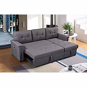 ERYE L-Shaped Corner Sleeper Sectional Couch Bed Linen Upholstery Sofa w/Reversible Storage Chaise,USB Charging Ports and Side Pocket for Home Apartment Office Living Room Furniture Sets, Dark Gray