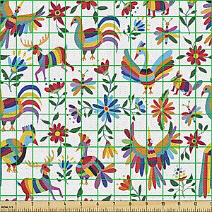 Ambesonne Mexican Fabric by The Yard, Traditional Latin American Art Design Natural Inspirations Flowers and Birds, Decorative Outdoor & Indoor Fabric for Hobby DIY Projects and Sewing, 5 Yards, Tan