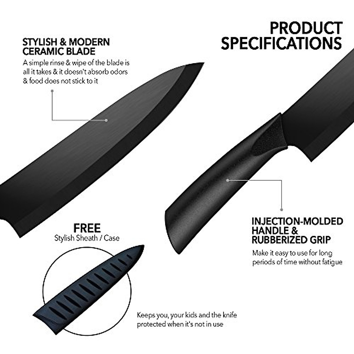 Ceramic Chef's Knife – Best & Sharpest 8" Professional Kitchen Knife – Hardest Blade Available That Doesn’t Need Sharpening! FREE Stylish Blade Cover!