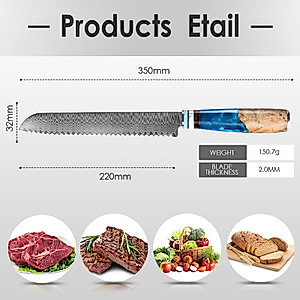 Bread Knife, Damascus Multifunction Serrated Knife, Professional Japanese VG10 Damascus Steel Bread Knife,Serrated Cake Knife Bread Cutter for Homemade Crusty Bread