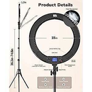 Pixel 18" Ring Light with Stand and Wireless Remote, Light Ring with iPad Holder/Phone Holder/Selfie Remote/Carrying Bag, 60W 3000-5800K CRI≥97 Circle Light for YouTube, TikTok, Self-Portrait
