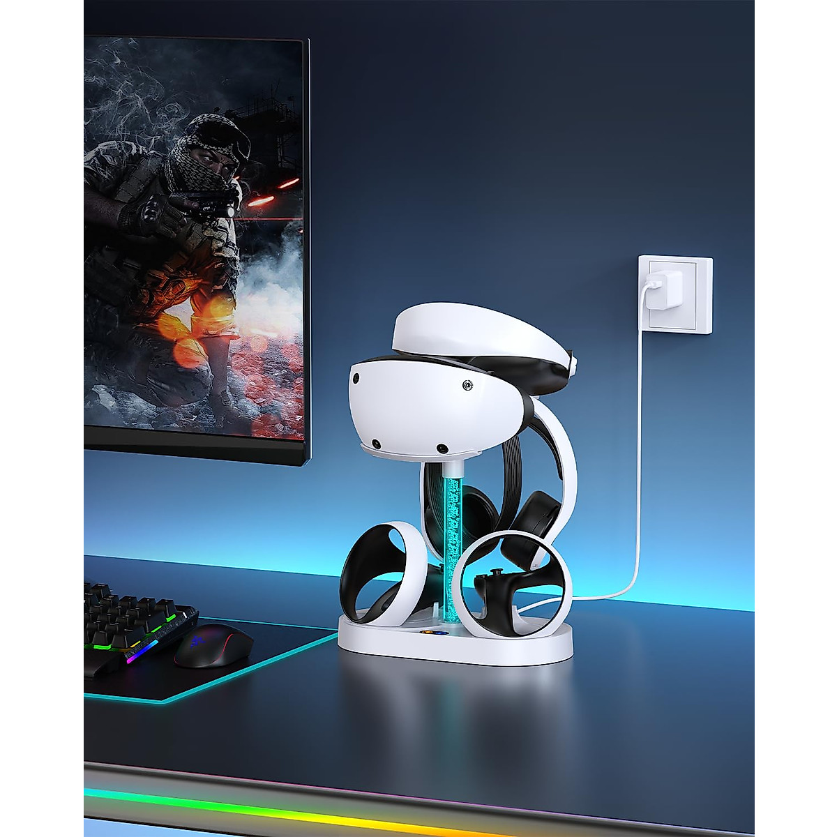 FASTSNAIL Charging Stand for PlayStation VR2, Multifunction Vertical PS VR2 Headset & Sense Controllers Charge Dock Station with 10 RGB Light Modes of Memory, for PS5 VR2 PSP Games Accessories