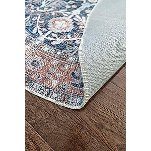 Softwoven Rugs, 5' Round Machine Washable Rug, 90% Cotton, Non-Slip, Family & Pet Friendly, Stain Resistant, Non-Shed, Vintage Design Area Rug for Living Room, Hallway - Navy and Brown