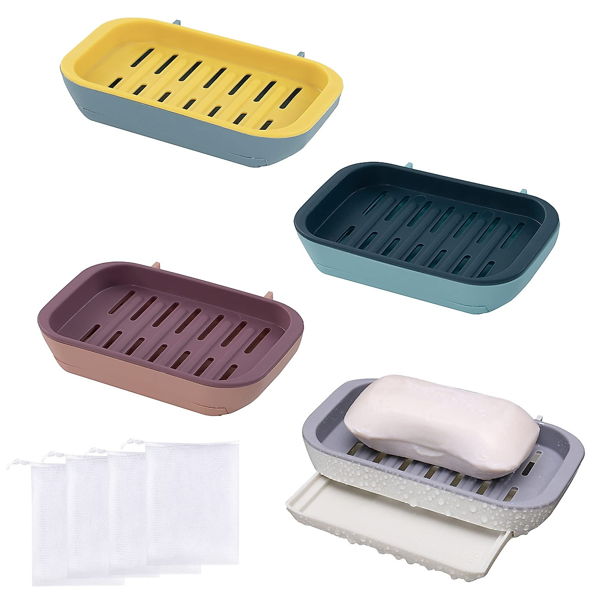 XIACIBDUS 4PCS Soap Dish, Soap Holder for Bar Soap, Soap Saver with Removable Drip Tray, Shower Soap Holder with 4 Foaming Mesh for Shower Wall Bathroom