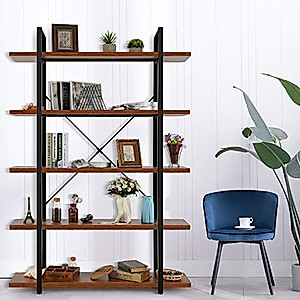5 tier Industrial Bookshelf, 6 Foot Tall Solid Etagere Bookcase, 72 H x 12 W x 47D Inches, Free Standing Book Shelves for Living Room, Bedroom, Office, Black Metal Frame and Warm Rustic Brown Wood