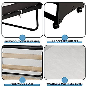 FUNKOCO Single Folding Bed with 4” Memory Foam Mattress for Adults,Portable Rollaway Cot Size Guest Bed with Sturdy Steel Frame on Wheels for Home & Office,78 x 30 Inch