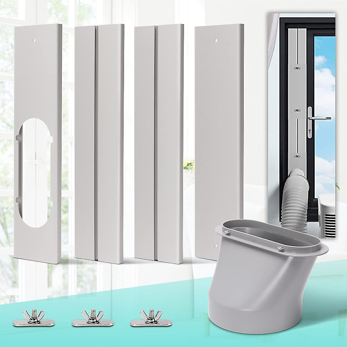 KLOLKUTTA Portable Air Conditioner Window Kit with Coupler, Portable AC Window Kit Accessories for Exhaust Hose, Adjustable Universal Window Slide Panels Kit Plates for 5.9 Inches Ducting