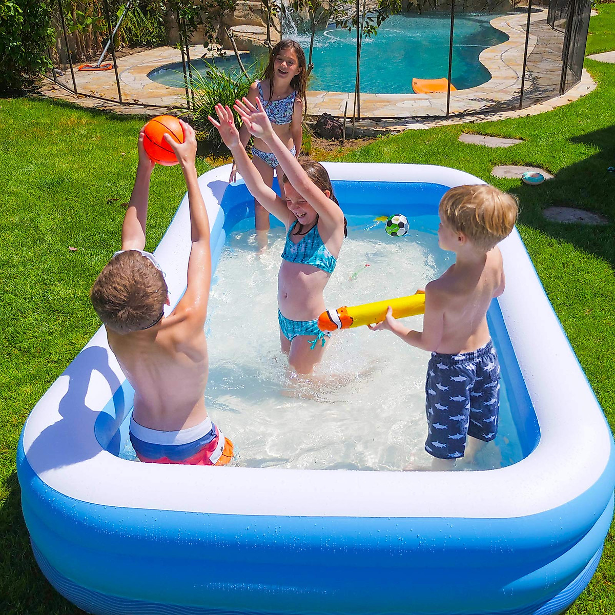 QPAU Inflatable Swimming Pool, 2021 Upgraded Family Full-Sized Blow Up Pool, Heavy Duty Above Ground Pool for Kids, Adults, Outdoor, Backyard, Pool Party