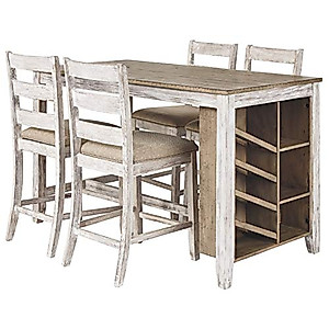 Signature Design by Ashley Skempton Farmhouse 36" Counter Height Dining Table with Storage & Wine Rack, Whitewash & Skempton 24" Counter Height Upholstered Barstool, Set of 2, Antique White