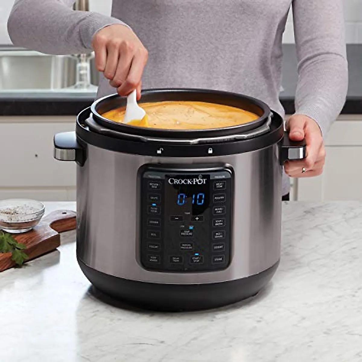 Crock-Pot 8-Quart Multi-Use XL Express Crock Programmable Slow Cooker and Pressure Cooker with Manual Pressure, Boil & Simmer, Black Stainless