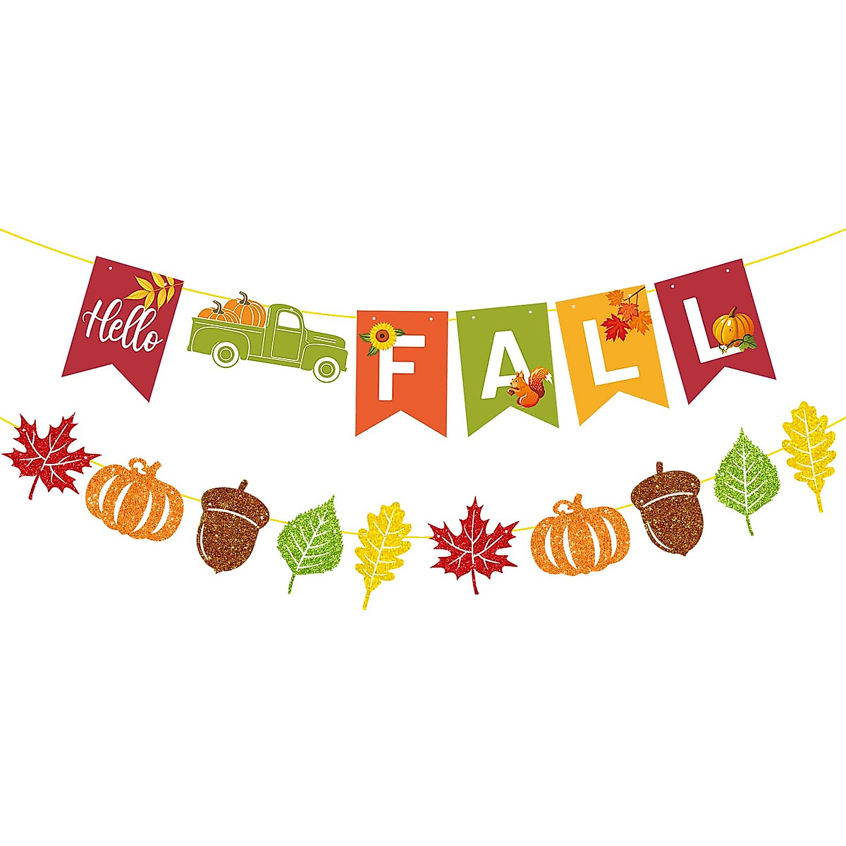 CAVLA Hello Fall Banner and Glittery Maple Leaves Pumpkin Acorns Patterns Banner Autumn Harvest Bunting Banner with Pumpkin Truck Signs Fall Thanksgiving Party Banner for Wall Mantel Fireplace Party