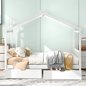 Full House Bed for Kids, Wooden Full Size Platform Bed Frame with 2 Storage Drawers, Headboard and Footboard, Montessori Bed, Full Storage Bed for Kids, Girls & Boys, No Box Spring Needed,White