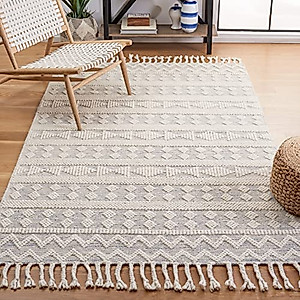 SAFAVIEH Natura Collection Accent Rug - 4' x 6', Ivory & Blue, Handmade Flat Weave Moroccan Boho Rustic Braided Tassel Wool, Ideal for High Traffic Areas in Entryway, Living Room, Bedroom (NAT309A)