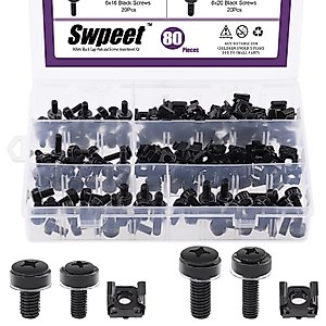 Swpeet 80Packs 4 Sizes M5 M6 Black Computer Mount Cage Nuts and Screws with Metal & Plastic Washers Assortment Kit, Square Hole Hardware Cage Nuts & Mounting Screws Washers